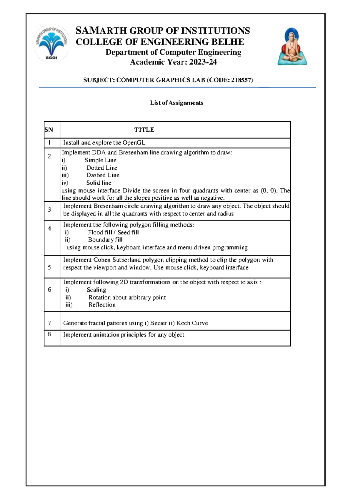 CG Manual samarth - SAMARTH GROUP OF INSTITUTIONS COLLEGE OF ENGINEERING BELHE Department of ...