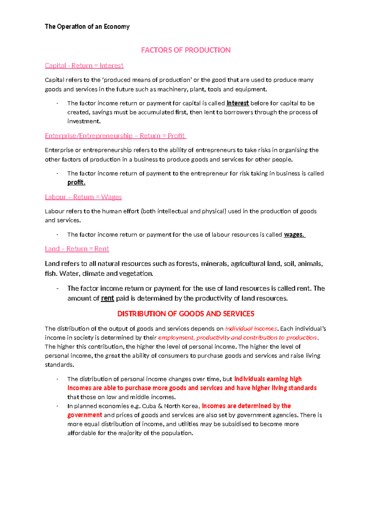 THE Operation OF AN Economy Notes - FACTORS OF PRODUCTION Capital ...
