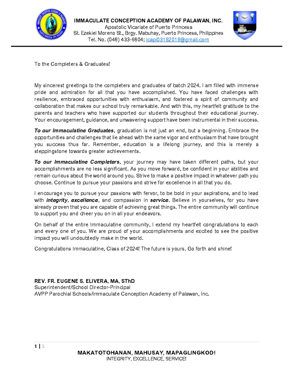 Graduation Message - An speech - IMMACULATE CONCEPTION ACADEMY OF ...