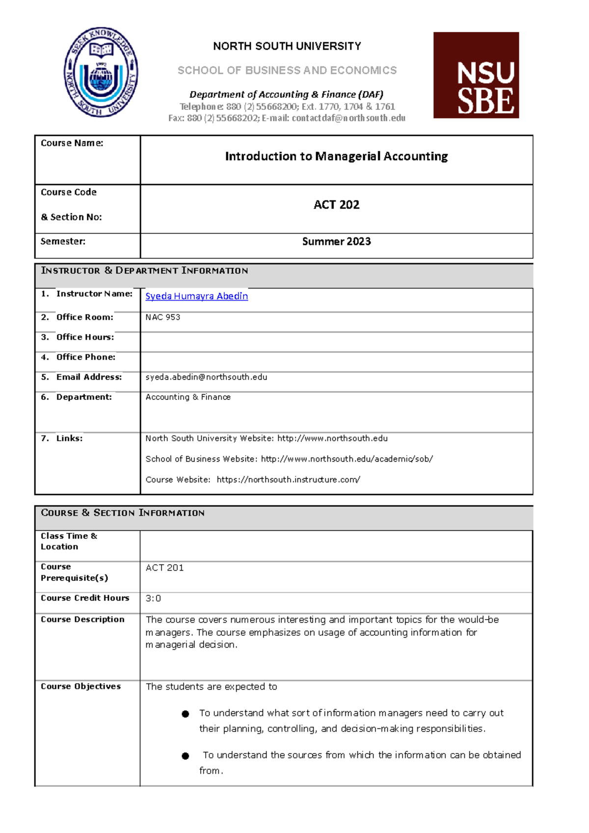 ACT 202 Course Outline Summer 2023 - Course Name: Introduction to ...