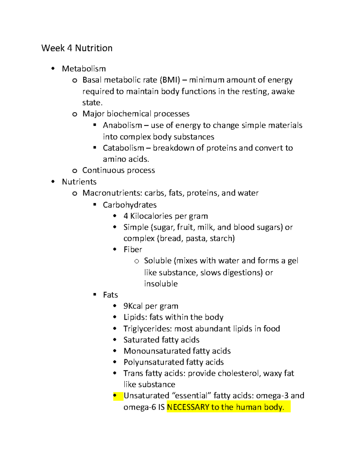 Week 4 nutrition - Study notes - Week 4 Nutrition Metabolism o Basal ...