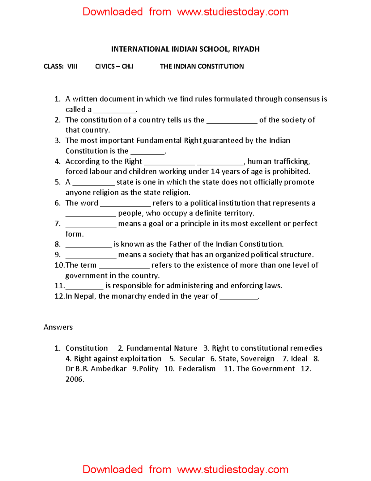 CBSE Class 8 Civics Worksheet - The Indian Constitution - INTERNATIONAL ...