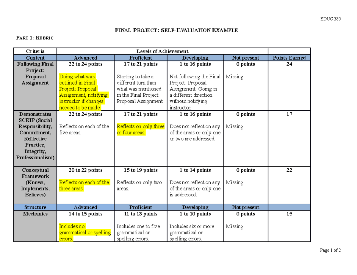 Final Project Self Evaluation - EDUC 380 FINAL PROJECT: SELF-EVALUATION ...