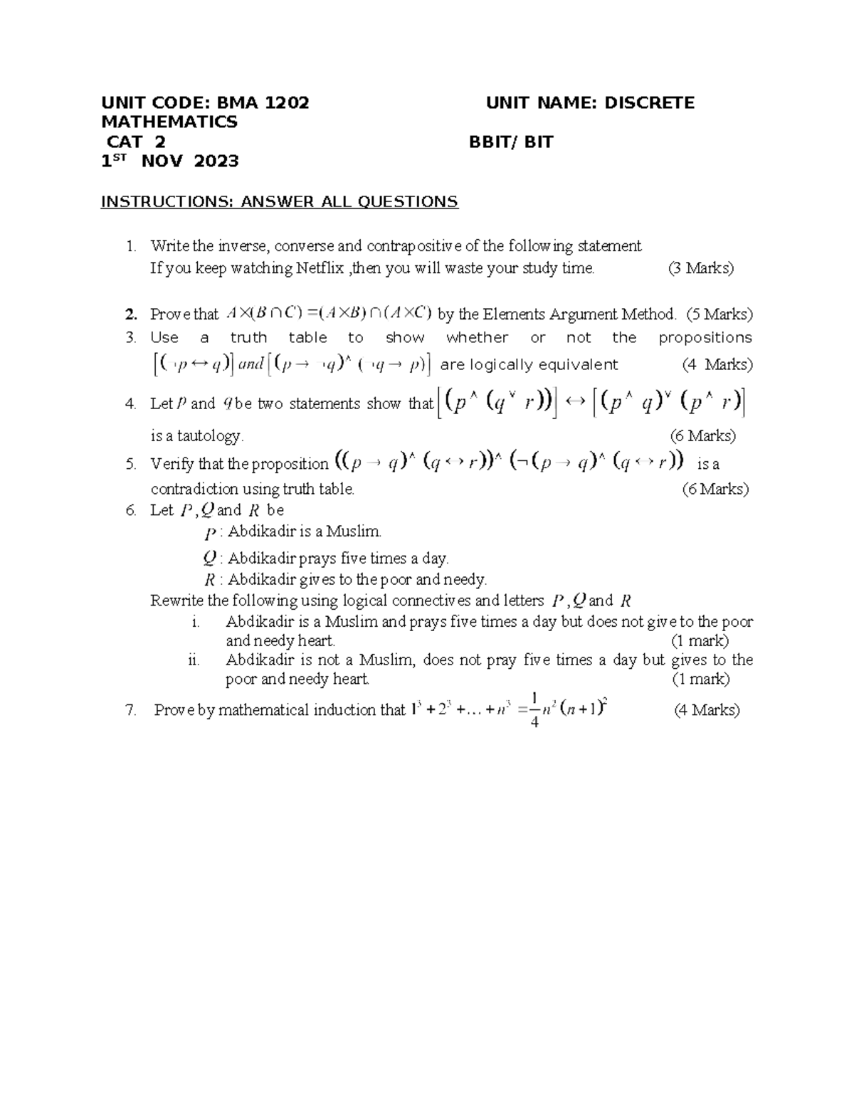 BMA 1202 Discrete CAT 2 - UNIT CODE: BMA 1202 UNIT NAME: DISCRETE ...