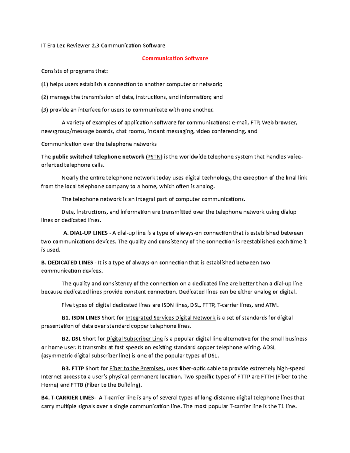 IT Lec Midterm Rev 2.3 Communication Software - IT Era Lec Reviewer 2 ...