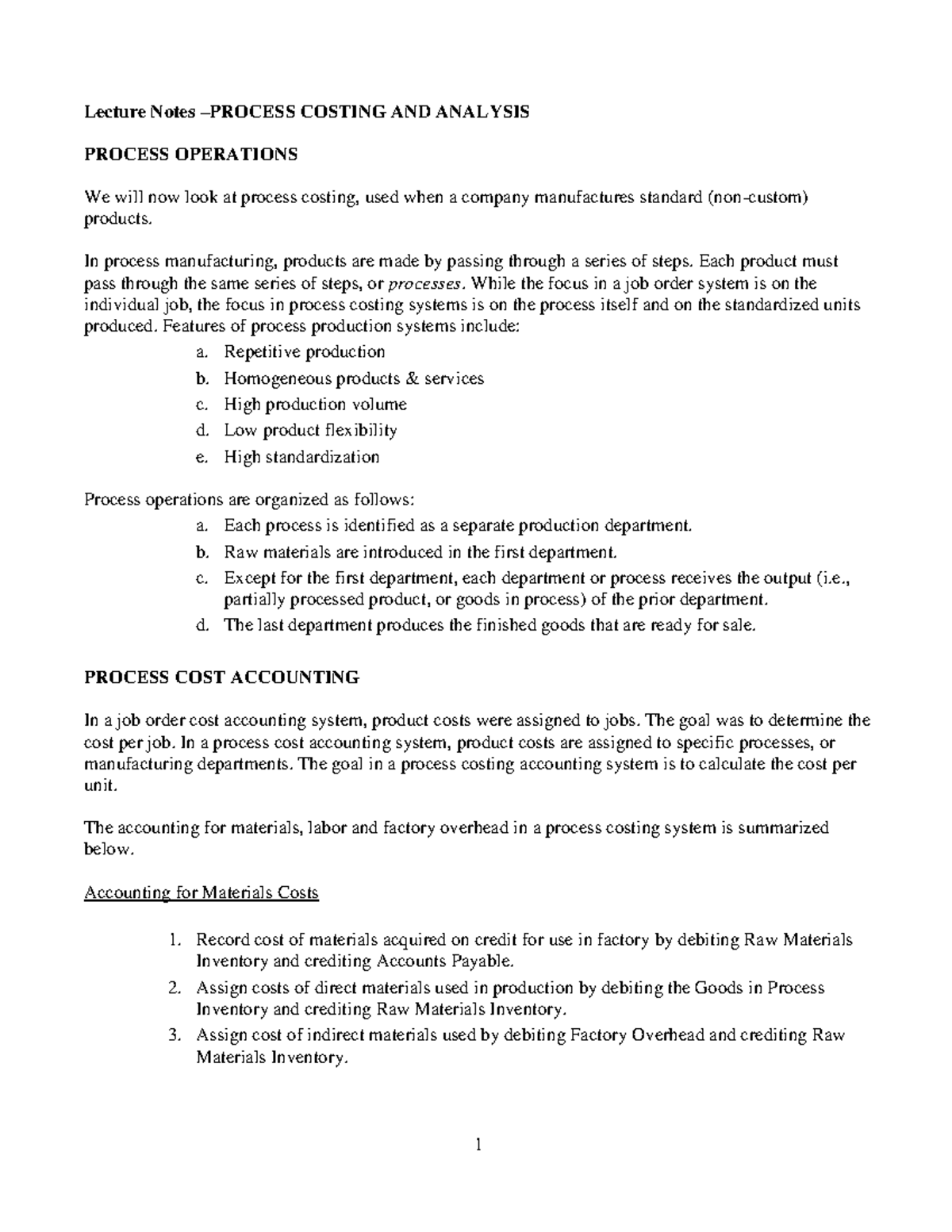 Additional notes on process costing - Lecture Notes – PROCESS COSTING ...