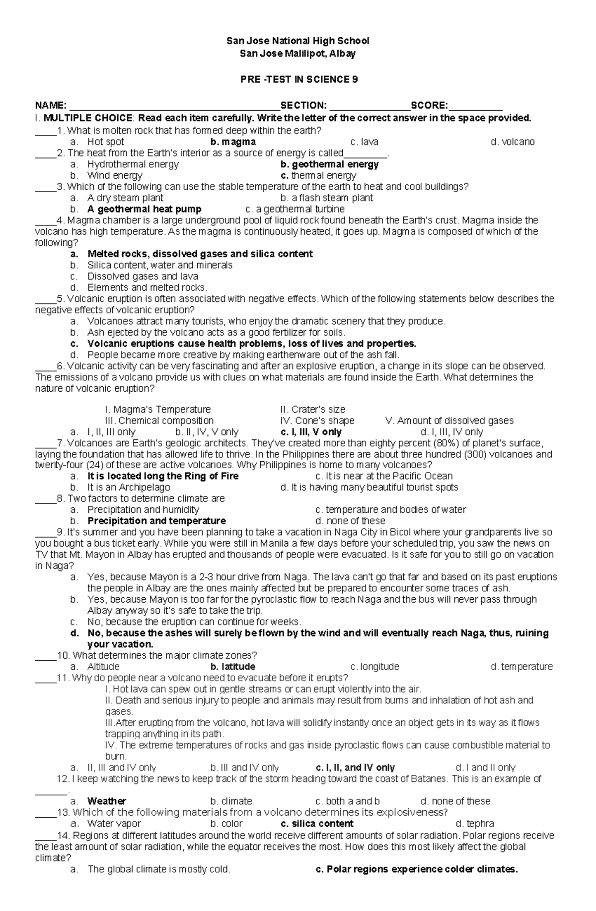 Pre test Grade 9 - San Jose National High School San Jose Malilipot ...