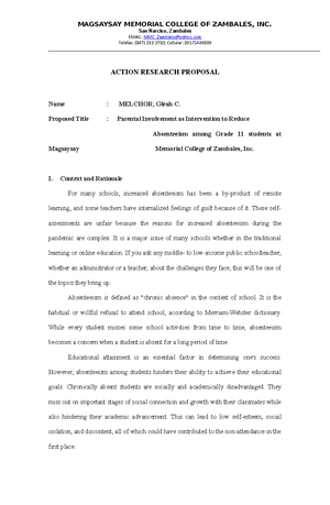 Action Research Proposal Chapter 1 to 3 - CHAPTER I Context and ...