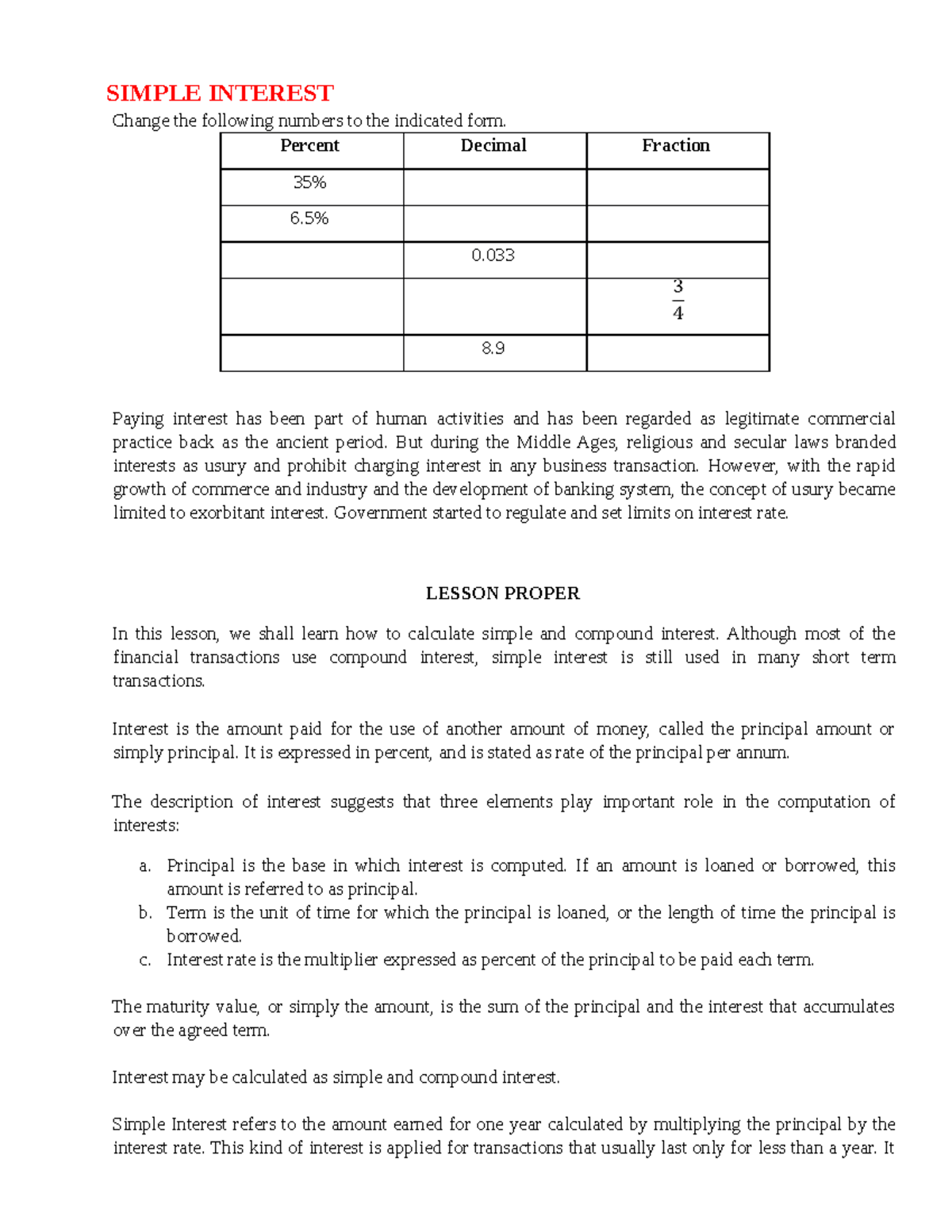 MATH Reviewer - ####### SIMPLE INTEREST Change the following numbers to ...
