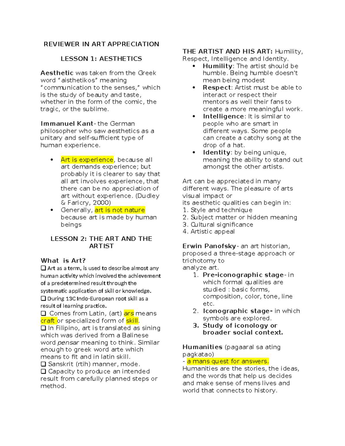 Reviewer IN ART APPRECIATION - REVIEWER IN ART APPRECIATION LESSON 1 ...