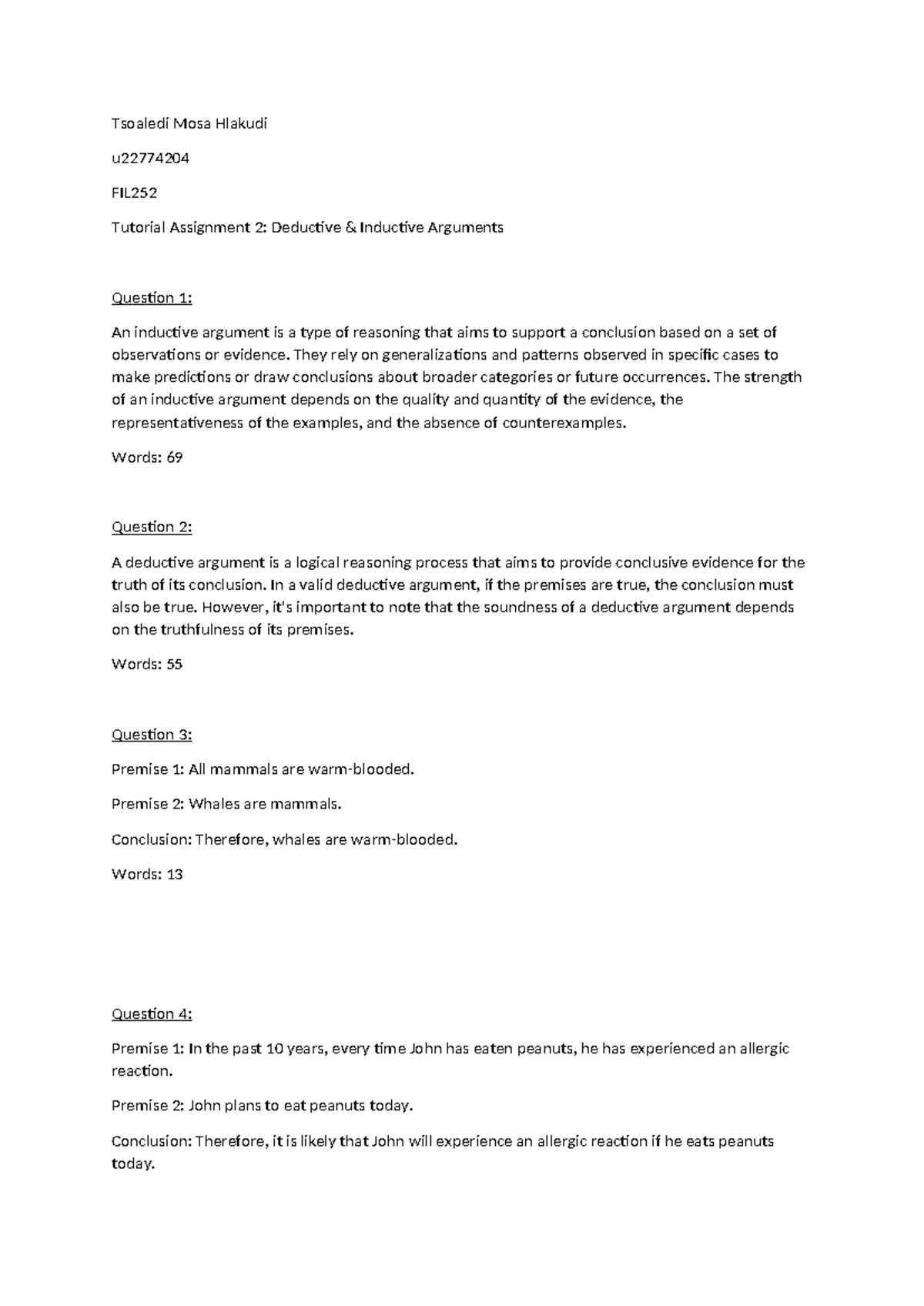 FIL252 Tutorial 2 - Tsoaledi Mosa Hlakudi u FIL Tutorial Assignment 2: Deductive & Inductive ...
