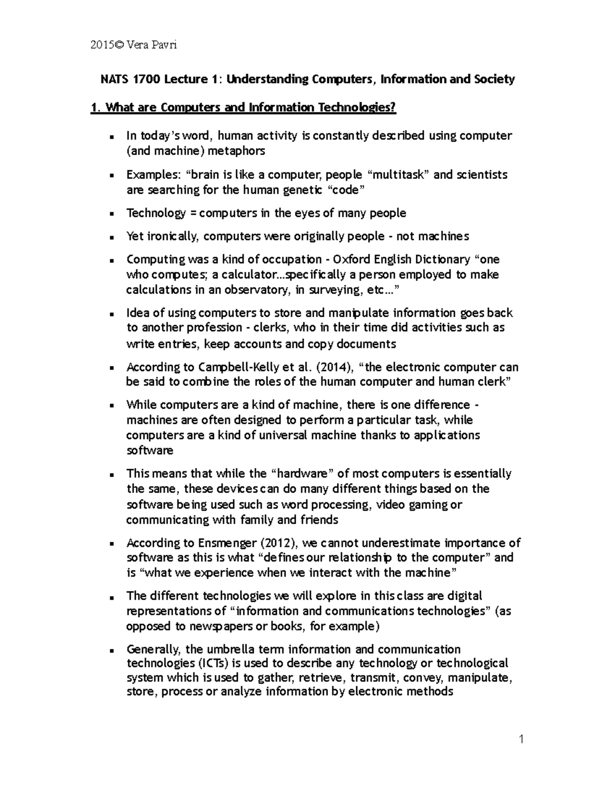 NATS 1700 Lecture 1 - NATS 1700 Lecture 1: Understanding Computers, Information and Society What ...