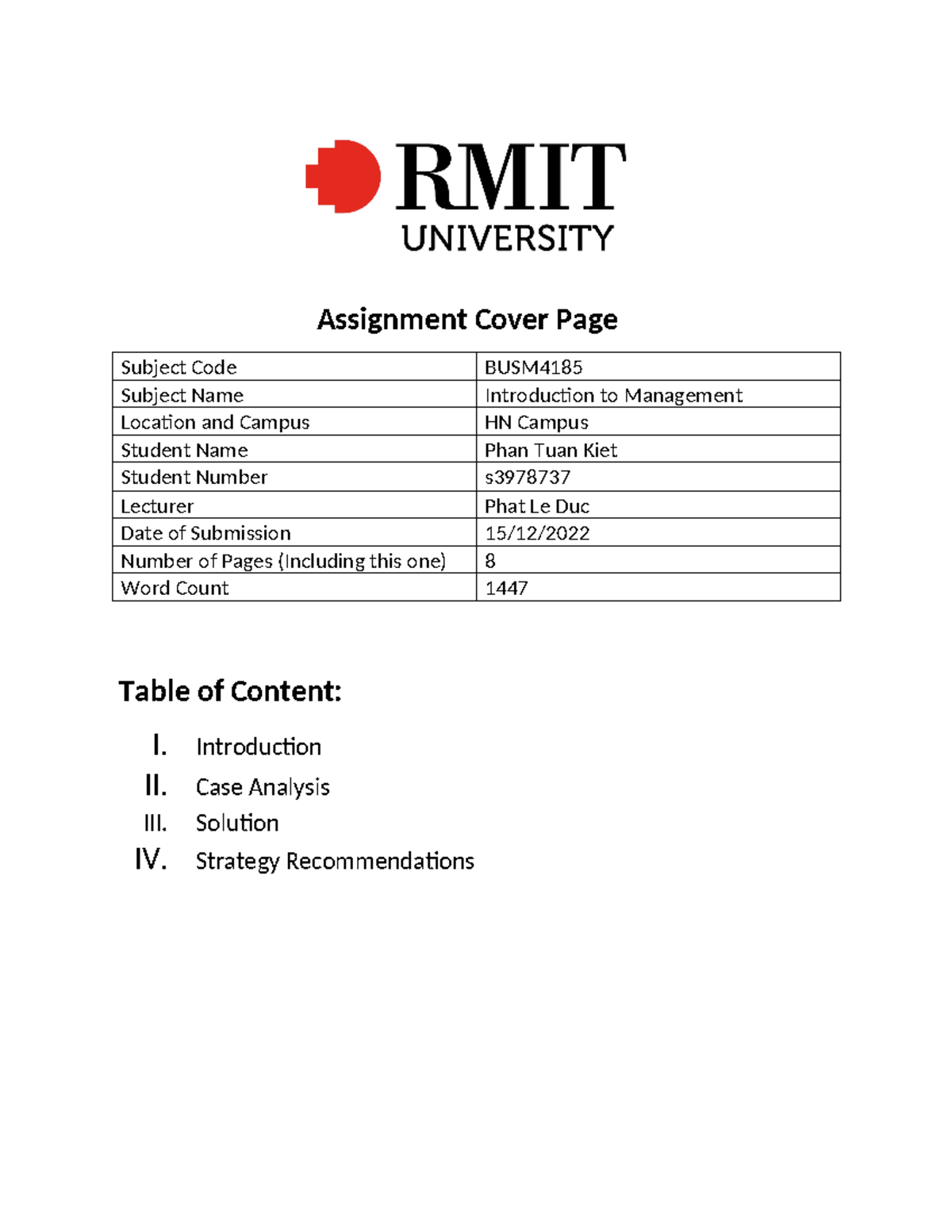 ITM A1 2022 sample - Assignment Cover Page Subject Code BUSM Subject Name Introduction to ...