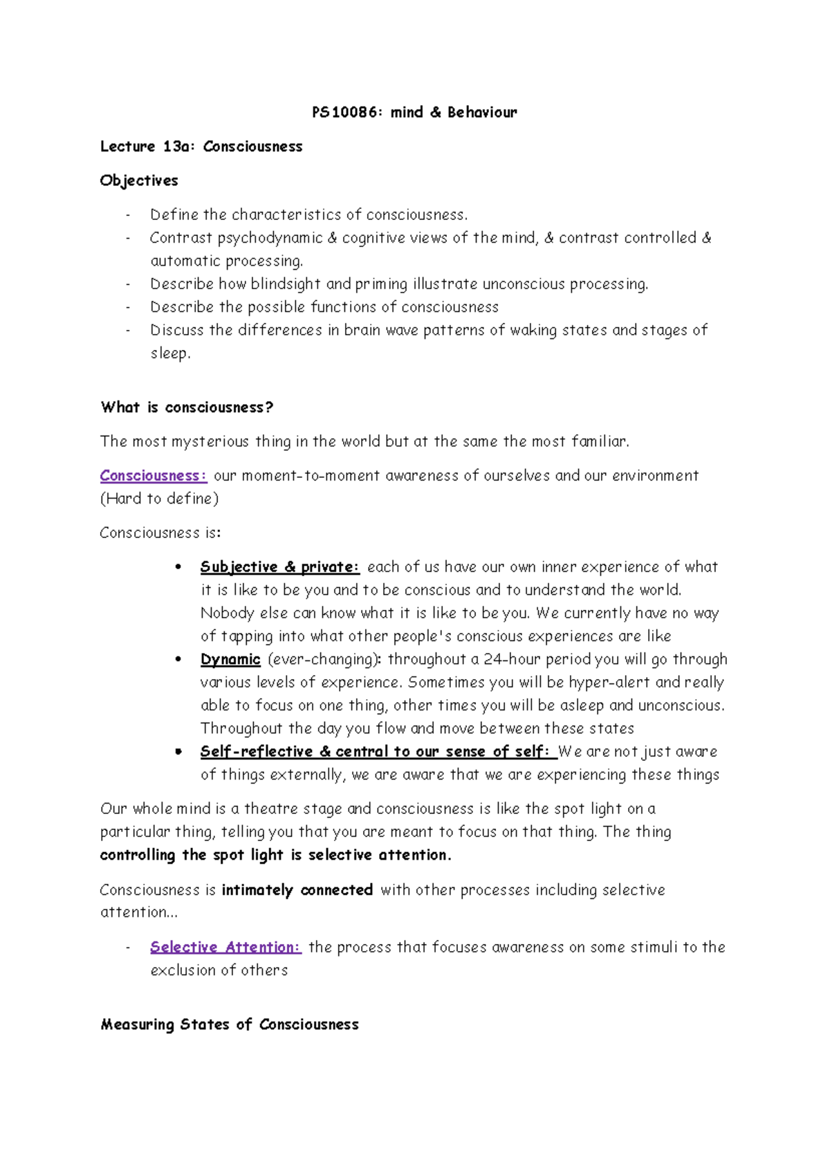Conciousness 1 - PS10086: mind & Behaviour Lecture 13a: Consciousness Objectives Define the ...