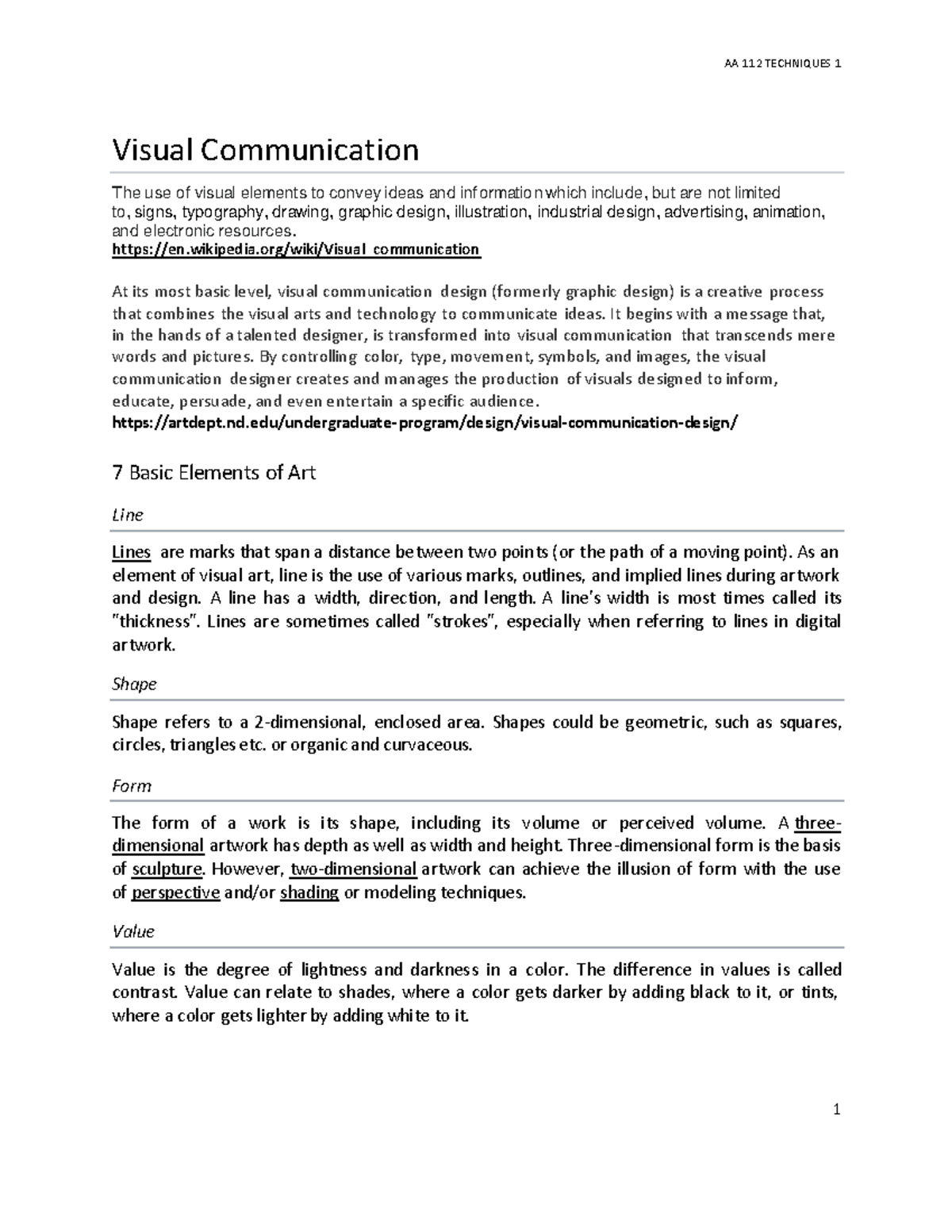 Vis Com-Handouts - Elements of art - Visual Communication The use of ...