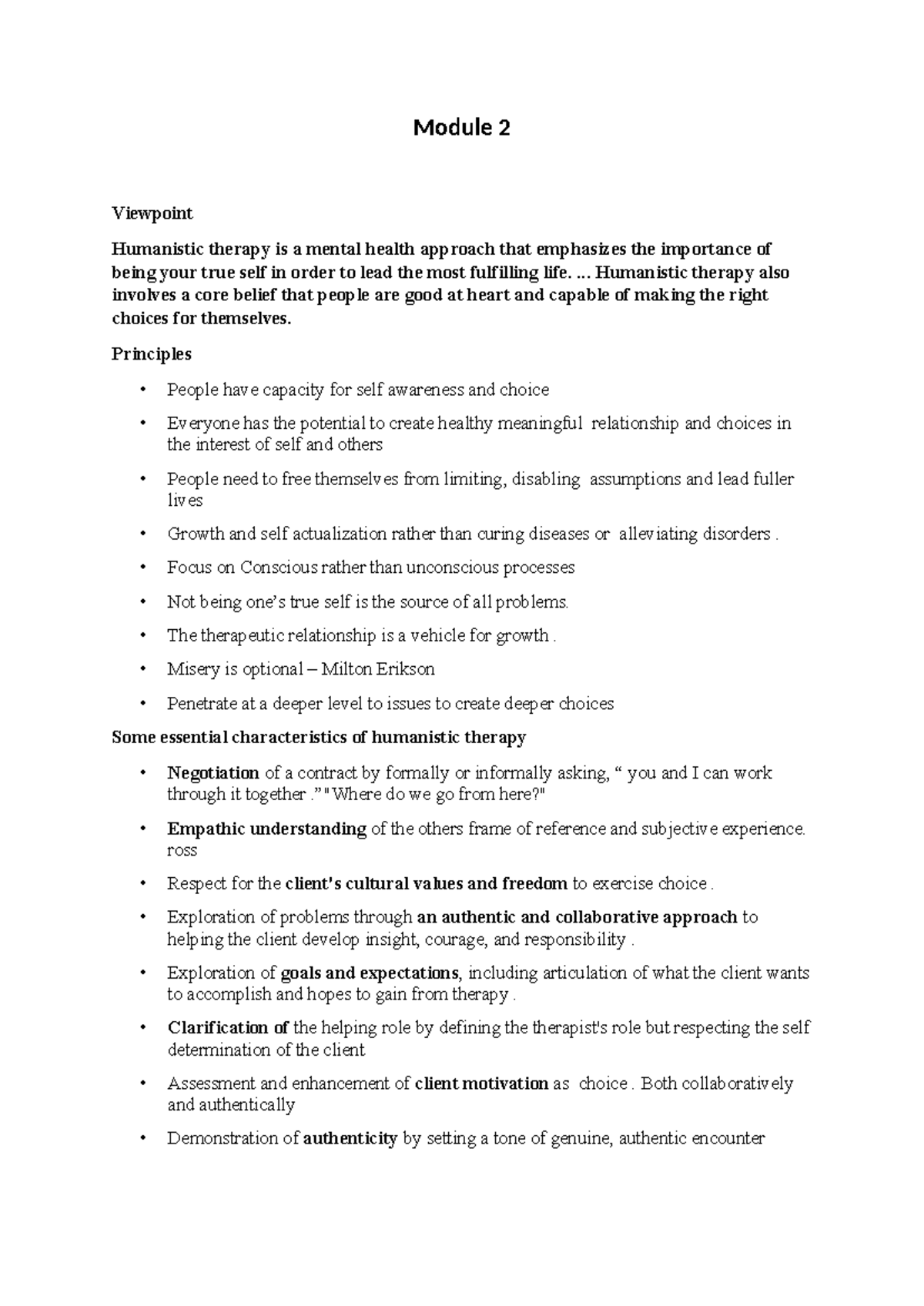 Module 2 notes Humanistic - Module 2 Viewpoint Humanistic therapy is a ...