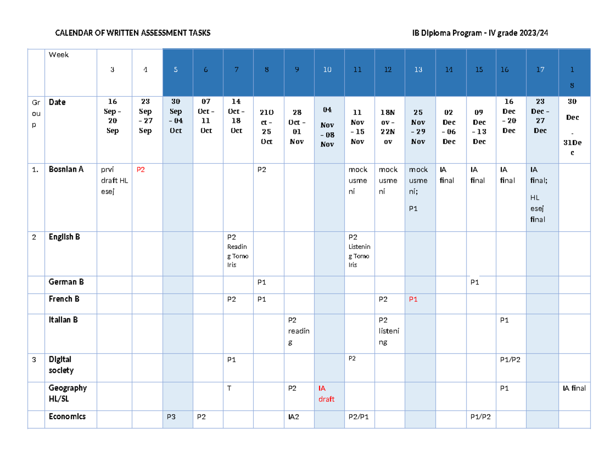 IV 2024 - Notes - CALENDAR OF WRITTEN ASSESSMENT TASKS IB Diploma ...
