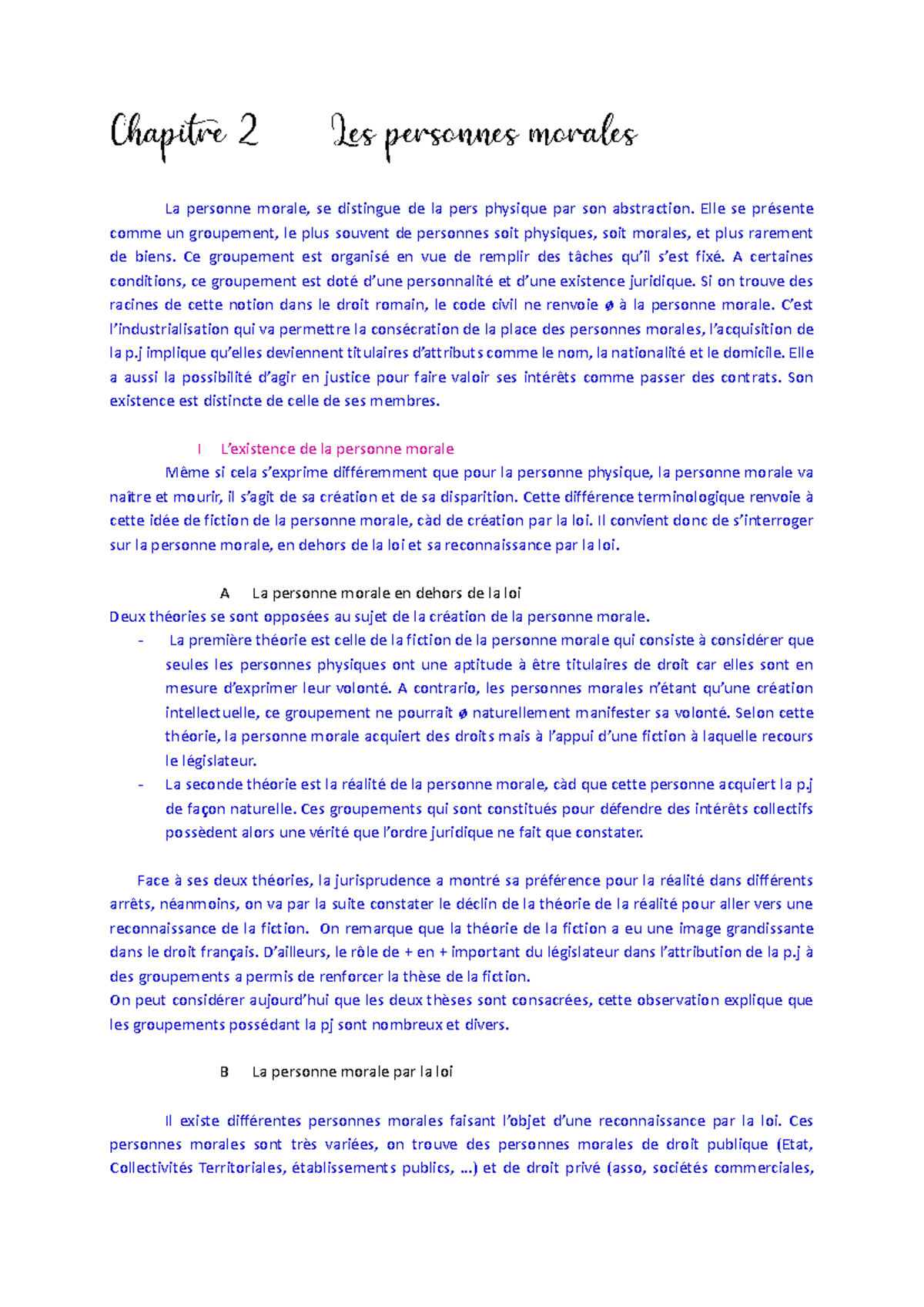 Chapitre 2 LES Personnes Morales - Chapitre 2 Les personnes morales La ...