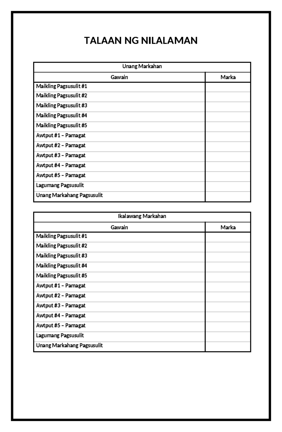 Talaan ng Nilalaman - TALAAN NG NILALAMAN Unang Markahan Gawain Marka ...