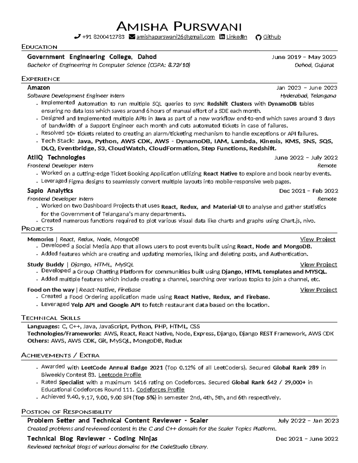 Amisha s resume - AMISHA P URSWANI EDUCATION +91 8200412783 amishapurswani26@gmail LinkedIn ...