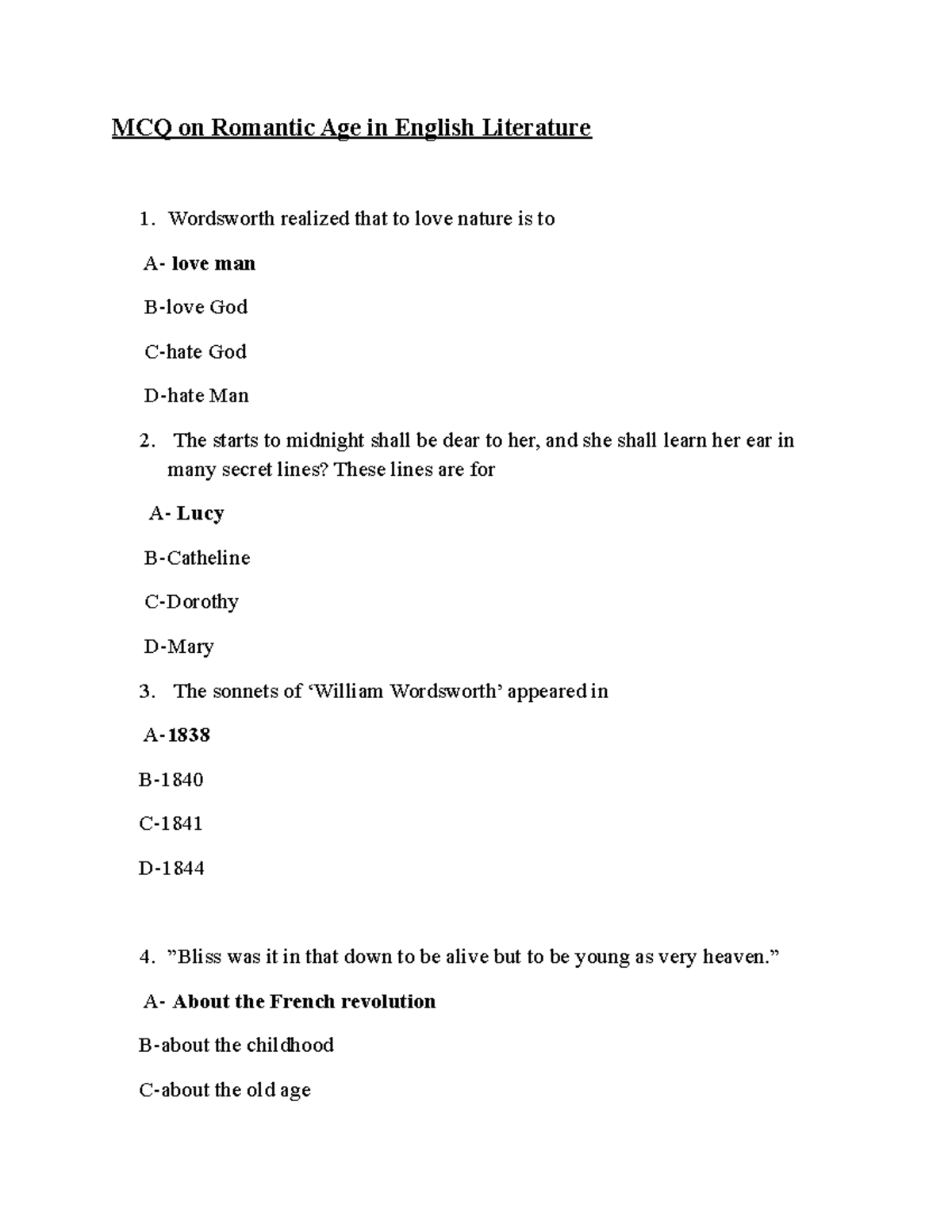 MCQ on Romantic Age in English Literature - MCQ on Romantic Age in ...