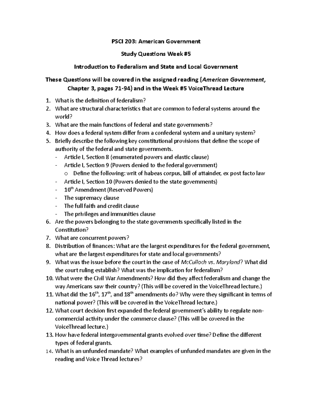 PSCI Week #5 - Study Guide - PSCI 203: American Government Study ...