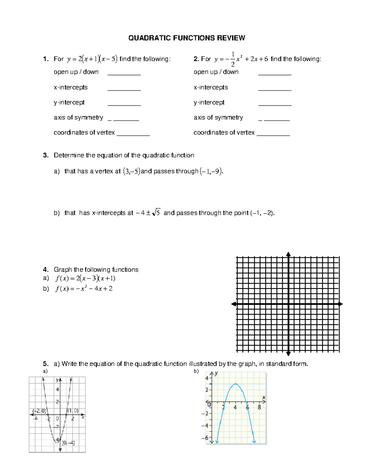 11U Online Learning Unit 4 test review - QUADRATIC FUNCTIONS REVIEW 1 ...