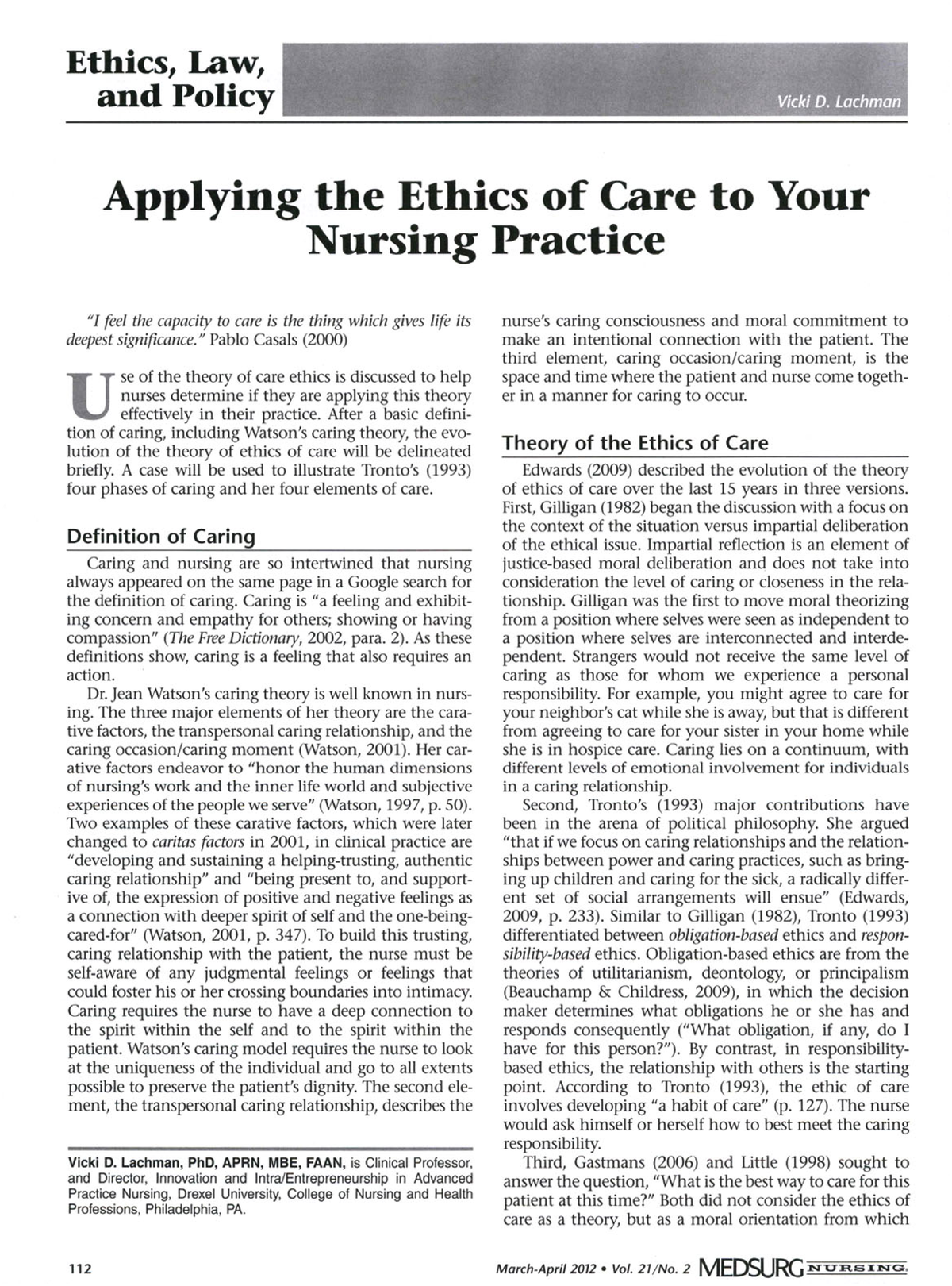 Applying the ethics of care to your nursing practice - PHI2396 - Studocu