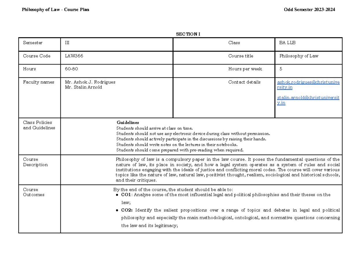 Course PLAN - LAW366 - 14 - SECTION I Semester III Class BA LLB Course ...