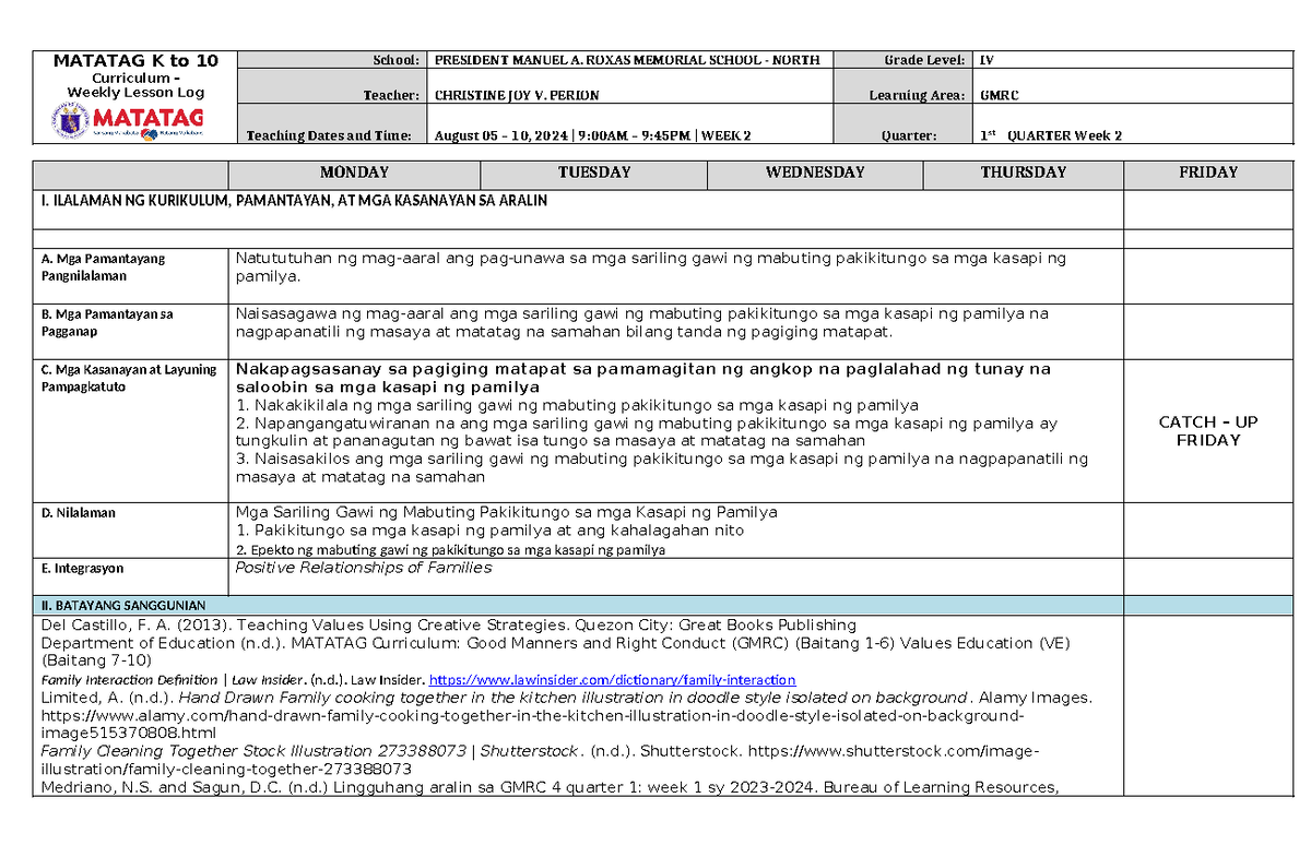 DLL GMRC 4 Q1 W2 Final - Learning Plan for GMRC - MATATAG K to 10 Curriculum – Weekly Lesson Log ...