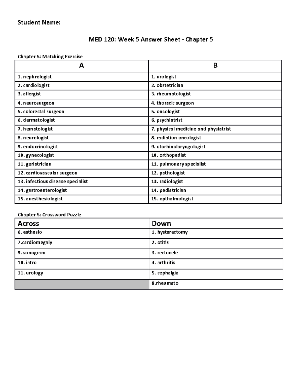 Chapter 5 Answer Sheet - Student Name: MED 120: Week 5 Answer Sheet ...
