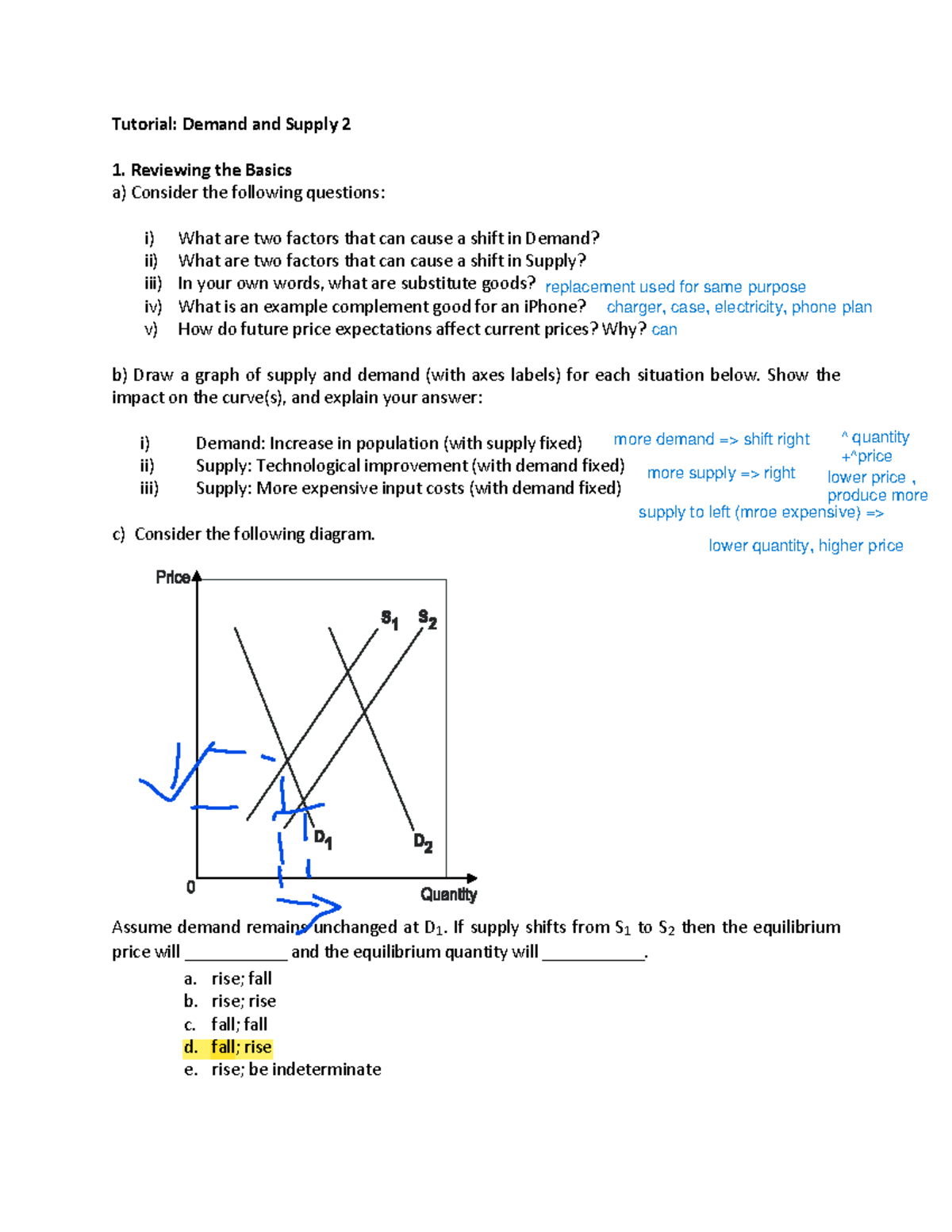 ECON1010 tut 5 - Tutorial: Demand and Supply 2 1. Reviewing the Basics a) Consider the following ...