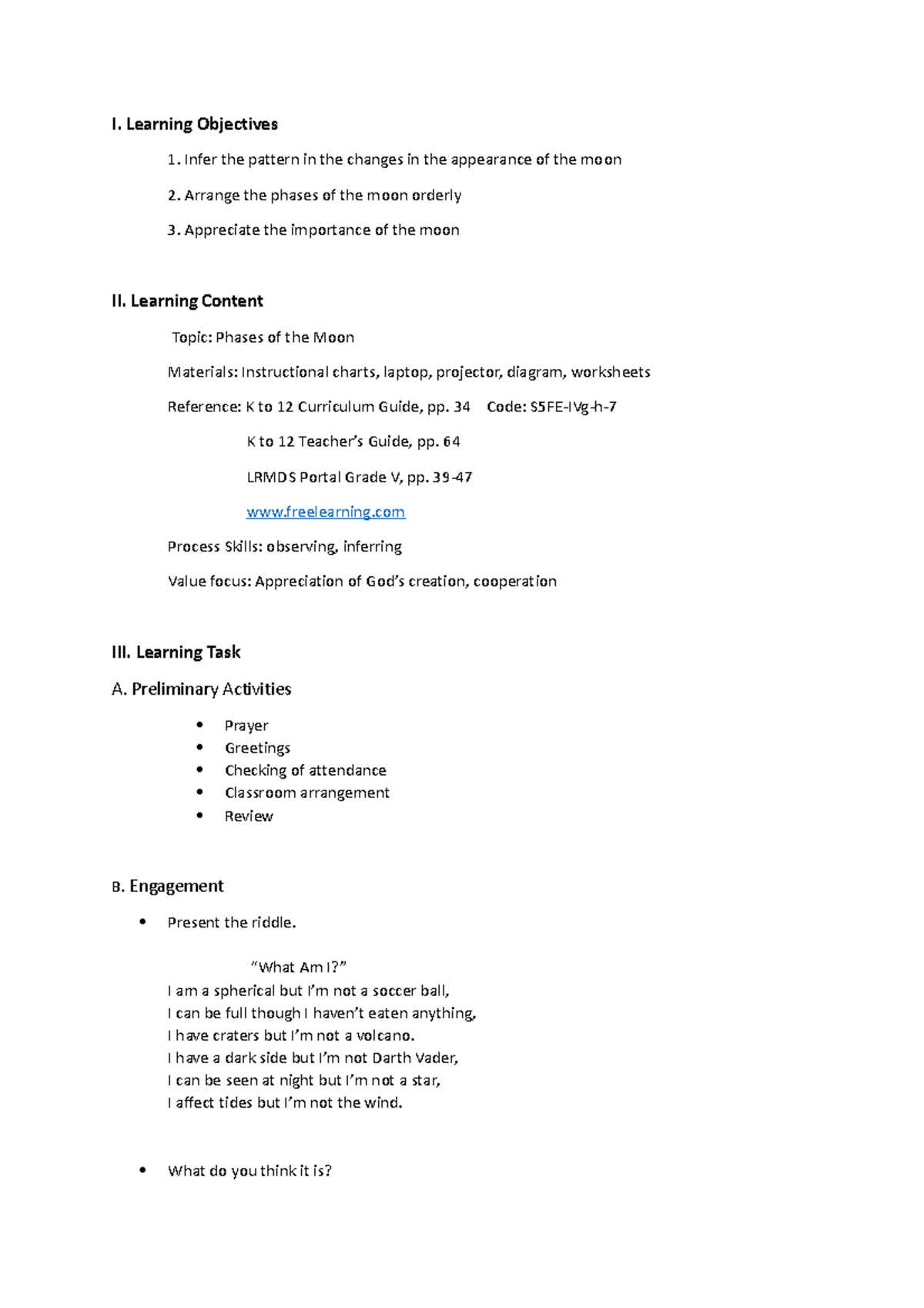 5E's LP - Lesson pLan - I. Learning Objectives Infer the pattern in the ...
