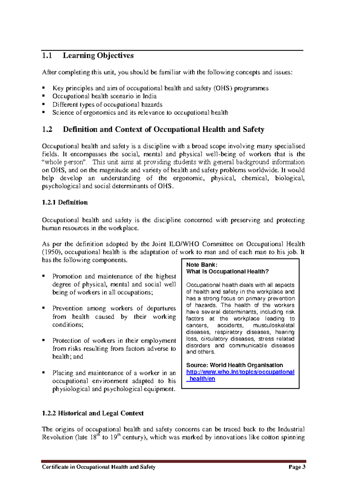 Intro OHS - NOTE TO STUDY - Certificate in Occupational Health and ...
