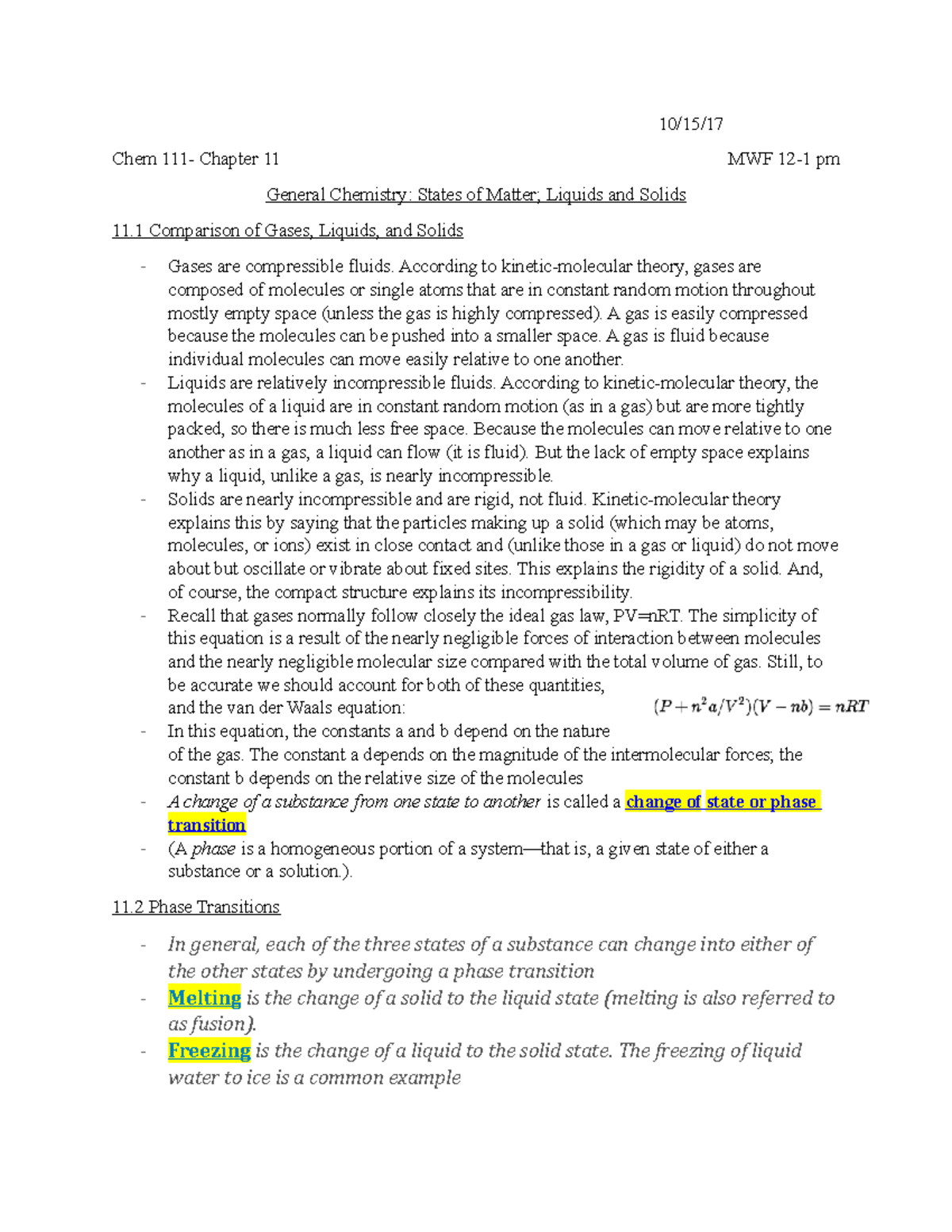 Chem 111 Ch 11 States of Matter; Liquids and Solids - 10/15/17 Chem 111 ...