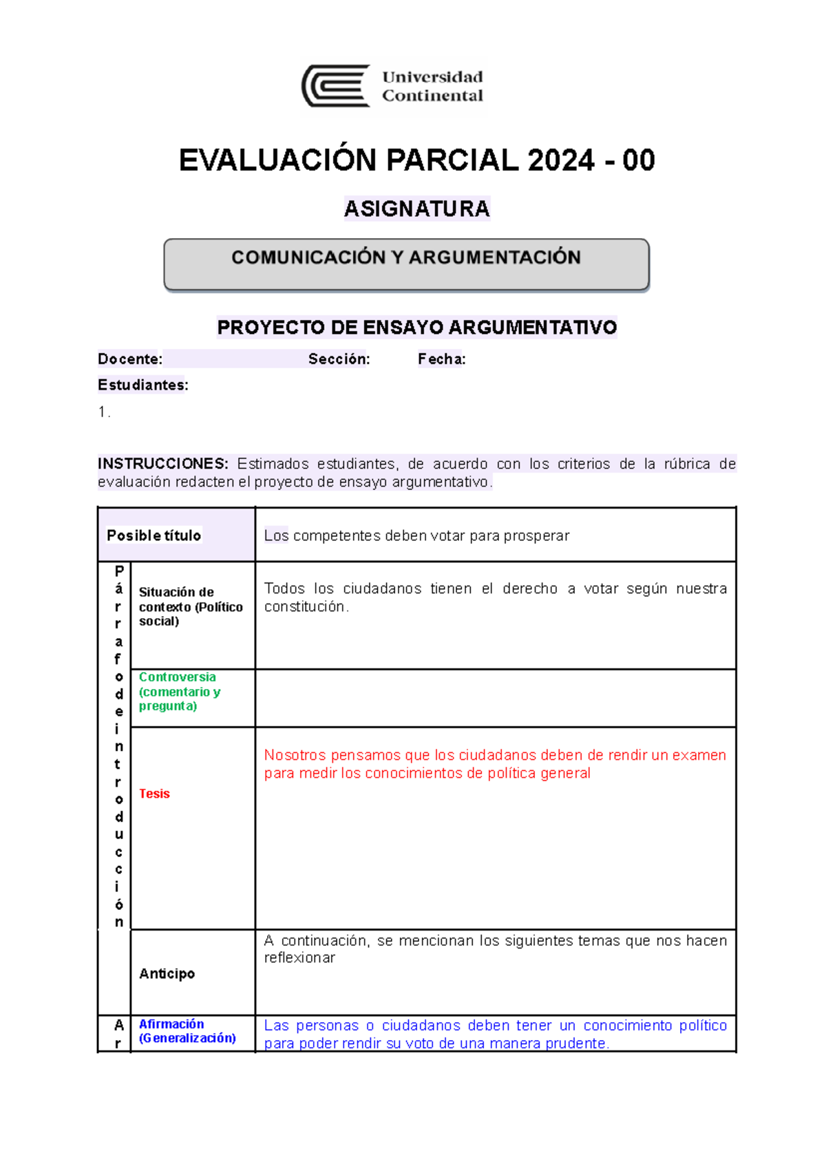 Proyecto Ensayo Argumentativo - EVALUACIÓN PARCIAL 2024 - 00 ASIGNATURA ...