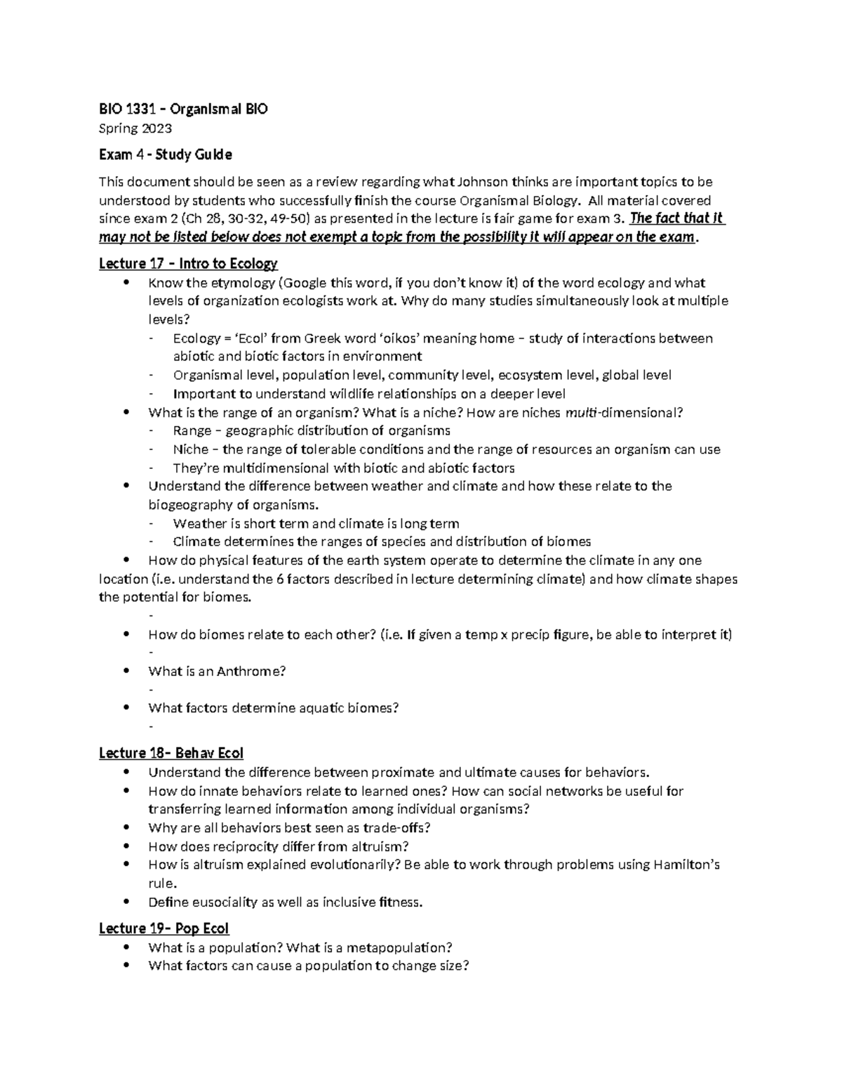 BIO 1331 Exam4Review Spring 2023 - BIO 1331 – Organismal BIO Spring ...