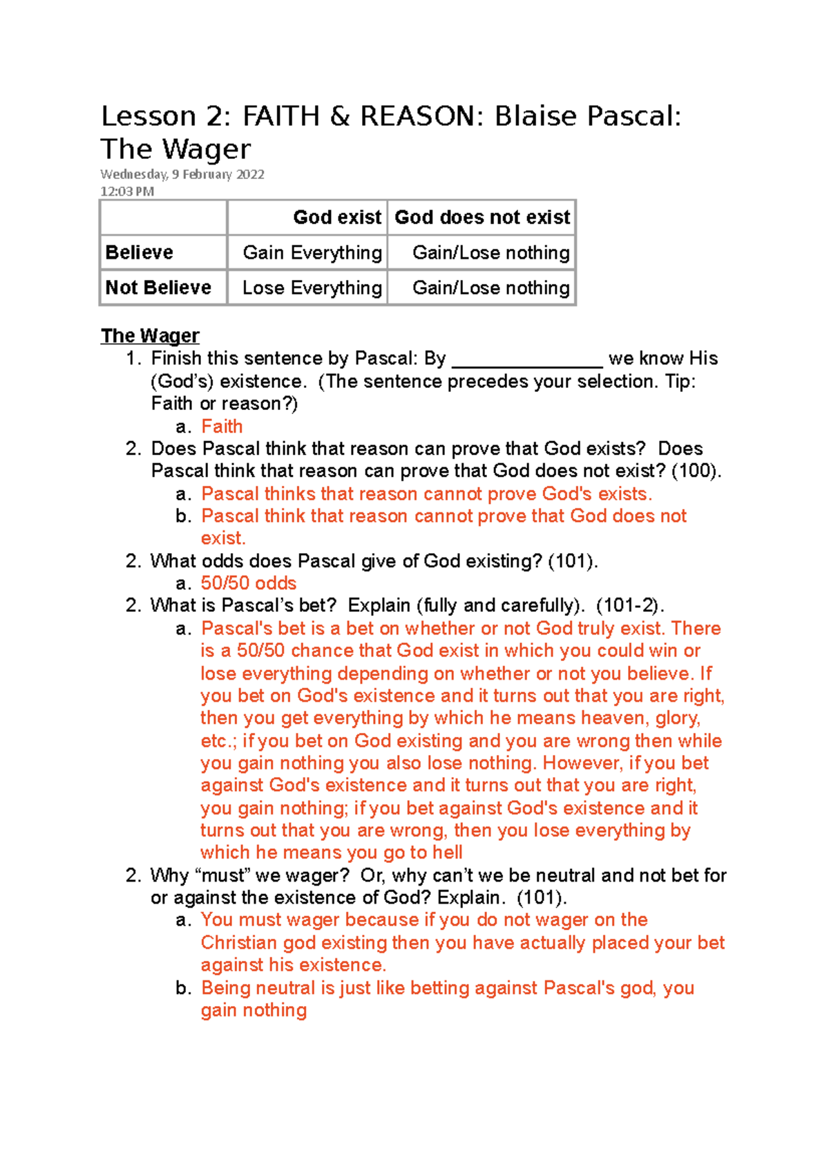 Lesson 2 Faith and Reason Blaise Pascal The Wager - Lesson 2: FAITH ...