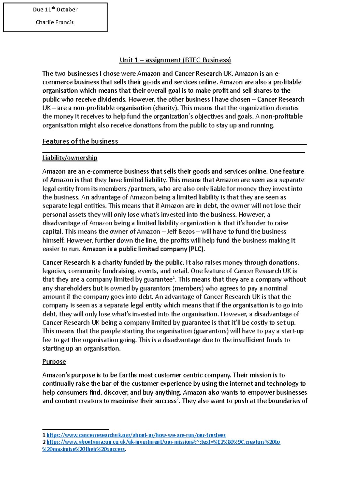 Unit 1 assignment Resub - Unit 1 – assignment (BTEC Business) The two ...