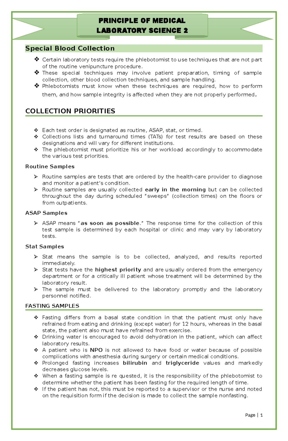 Lesson 3 - GGG - Special Blood Collection Certain laboratory tests ...