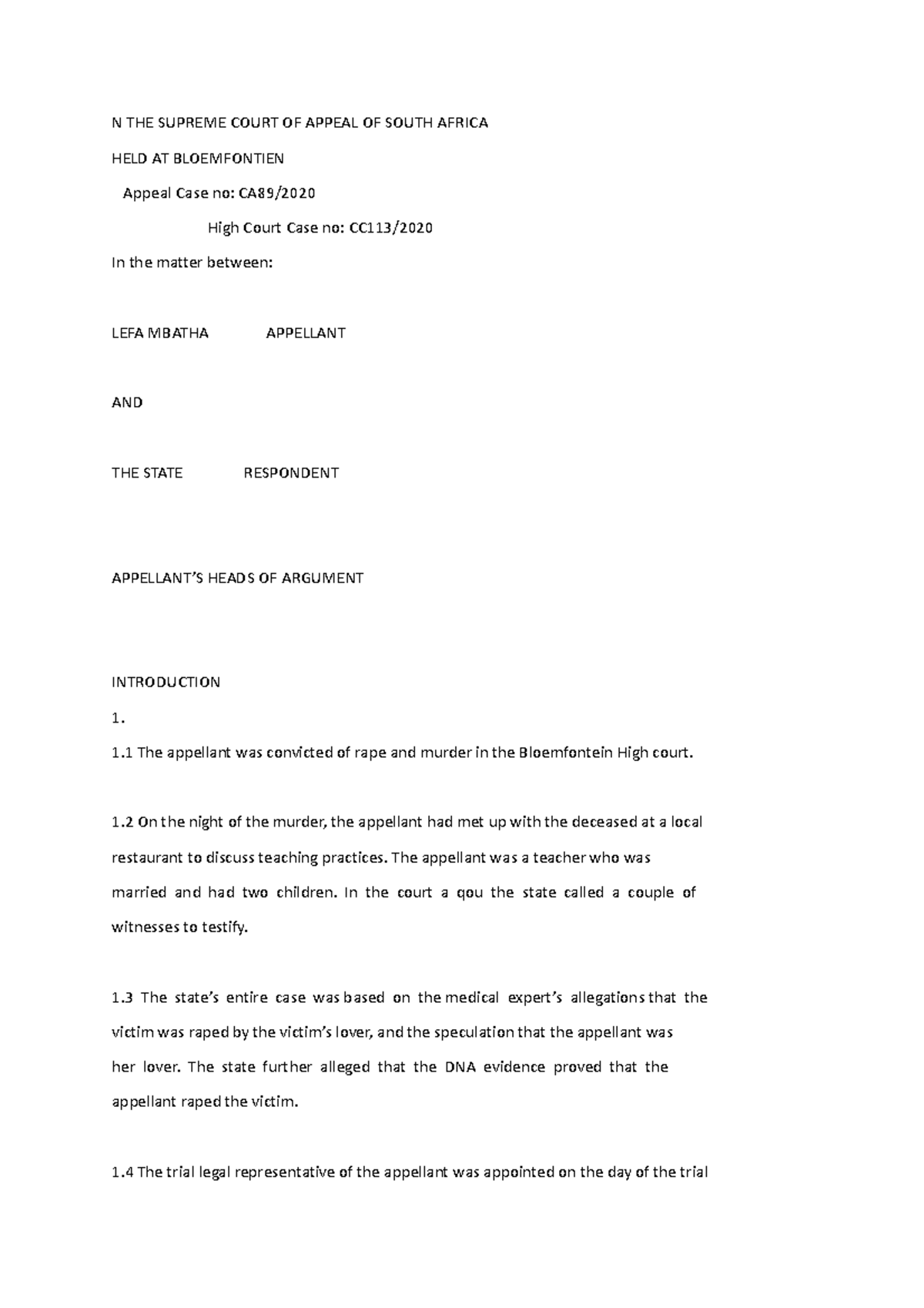 Heads of arguments Example - N THE SUPREME COURT OF APPEAL OF SOUTH ...