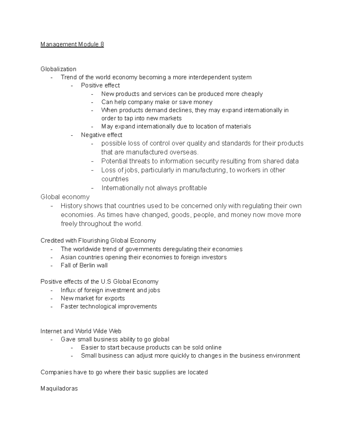 Management Module 8 - notes - Management Module 8 Globalization - Trend ...