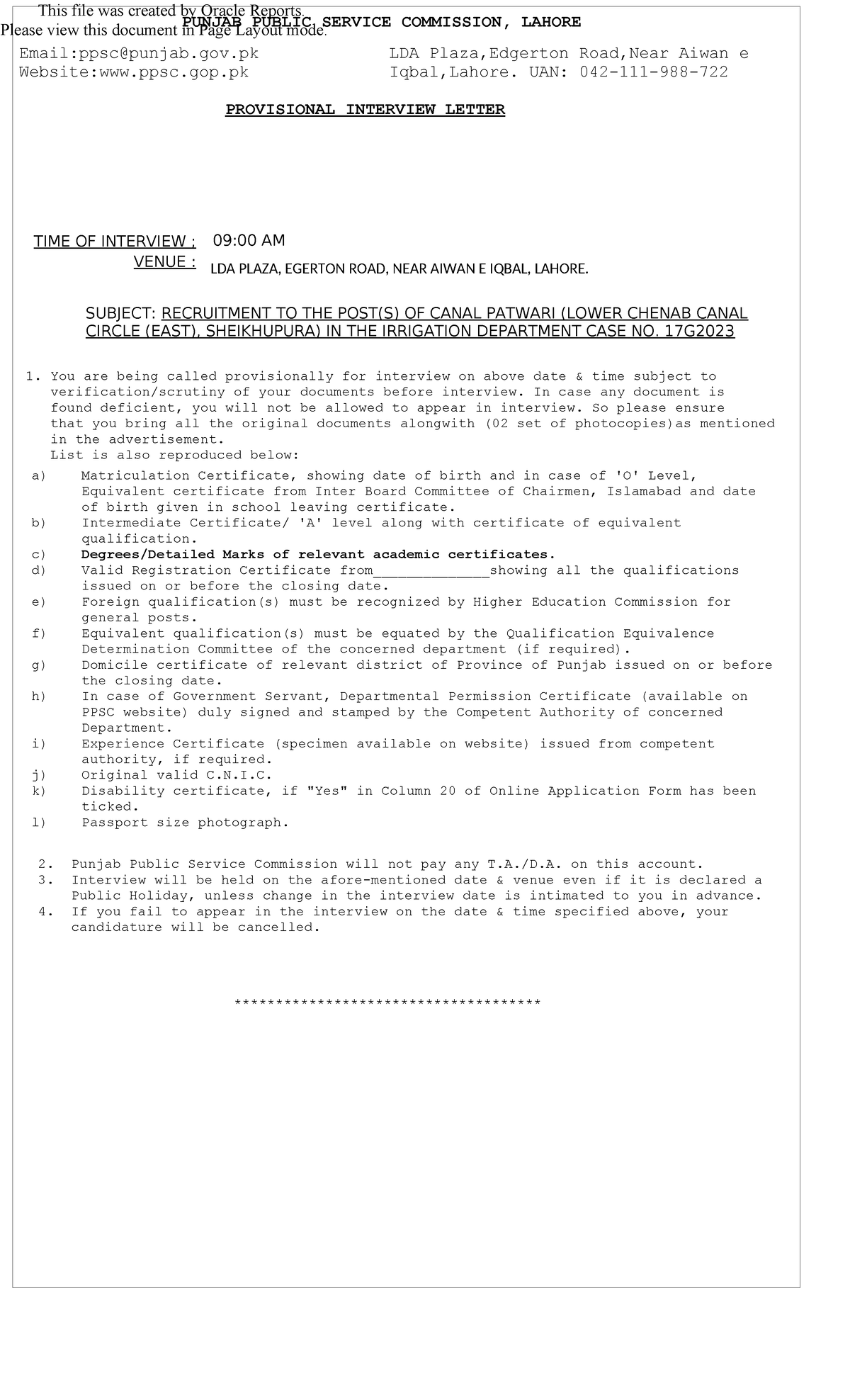 Gbranch 157provisional Interview Call Letter 17g2023 This File Was Created By Oracle Reports