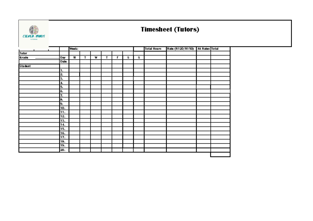 Timesheet Template Old - EDN3200W - Total Hours Rate (R120/R150) AA ...