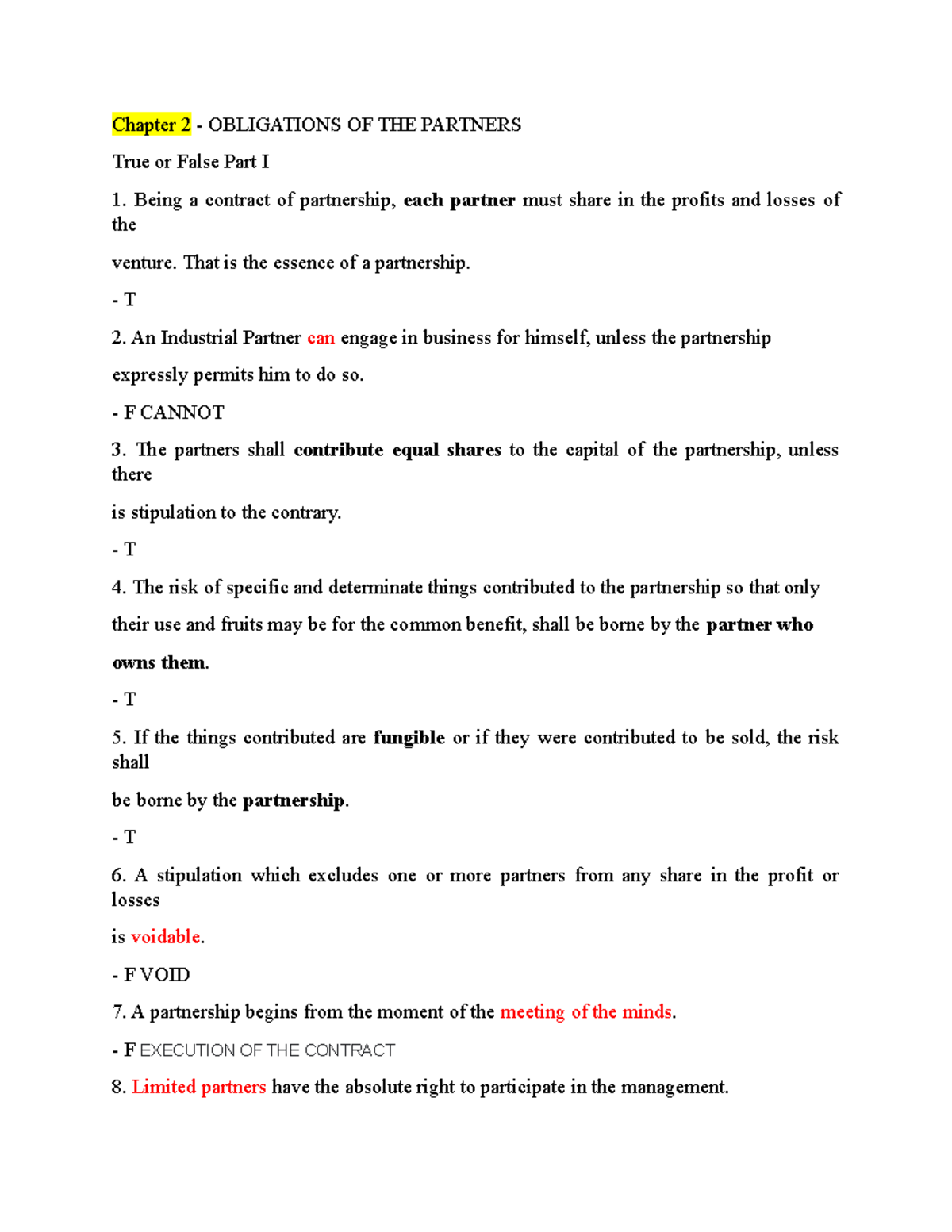 BUS LAW Chapter 2 - True or Flase - Chapter 2 - OBLIGATIONS OF THE PARTNERS True or False Part I ...
