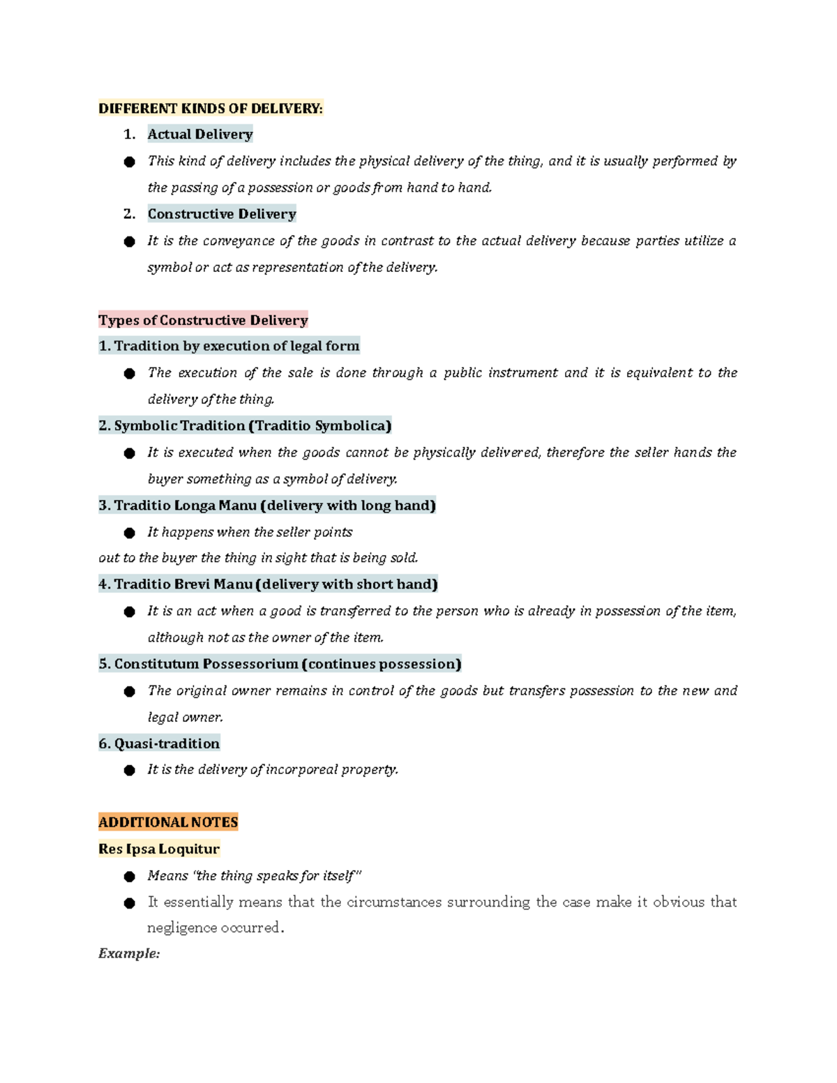 Oblicon Notes - ...... - DIFFERENT KINDS OF DELIVERY: Actual Delivery ...