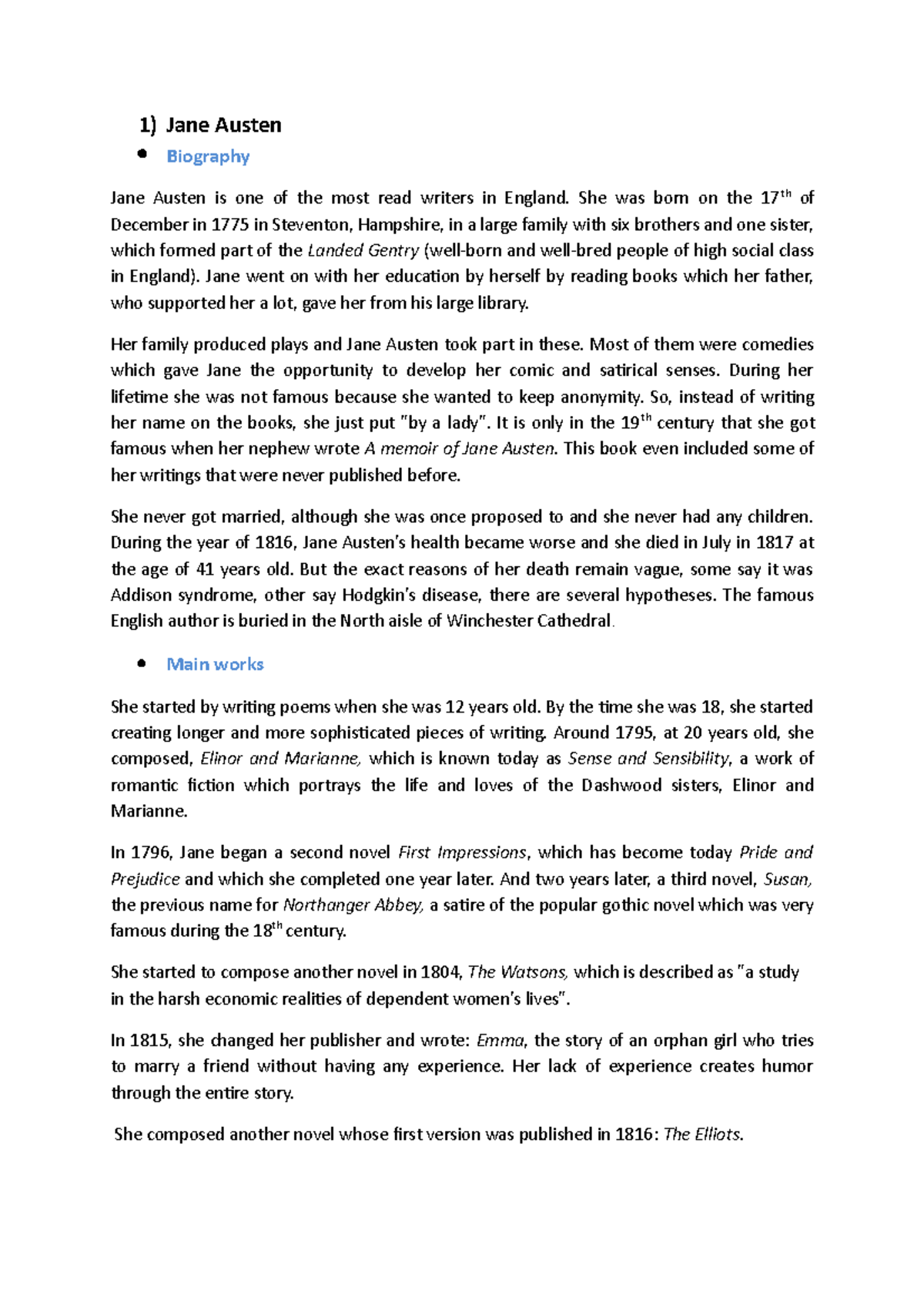 Jane Austen Pride and Prejudice - 1) Jane Austen Biography Jane Austen ...