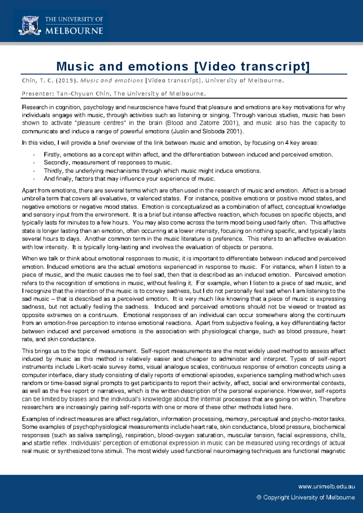 MUSI2014 9 Music and emotions - Video transcript - unimelb.edu ...