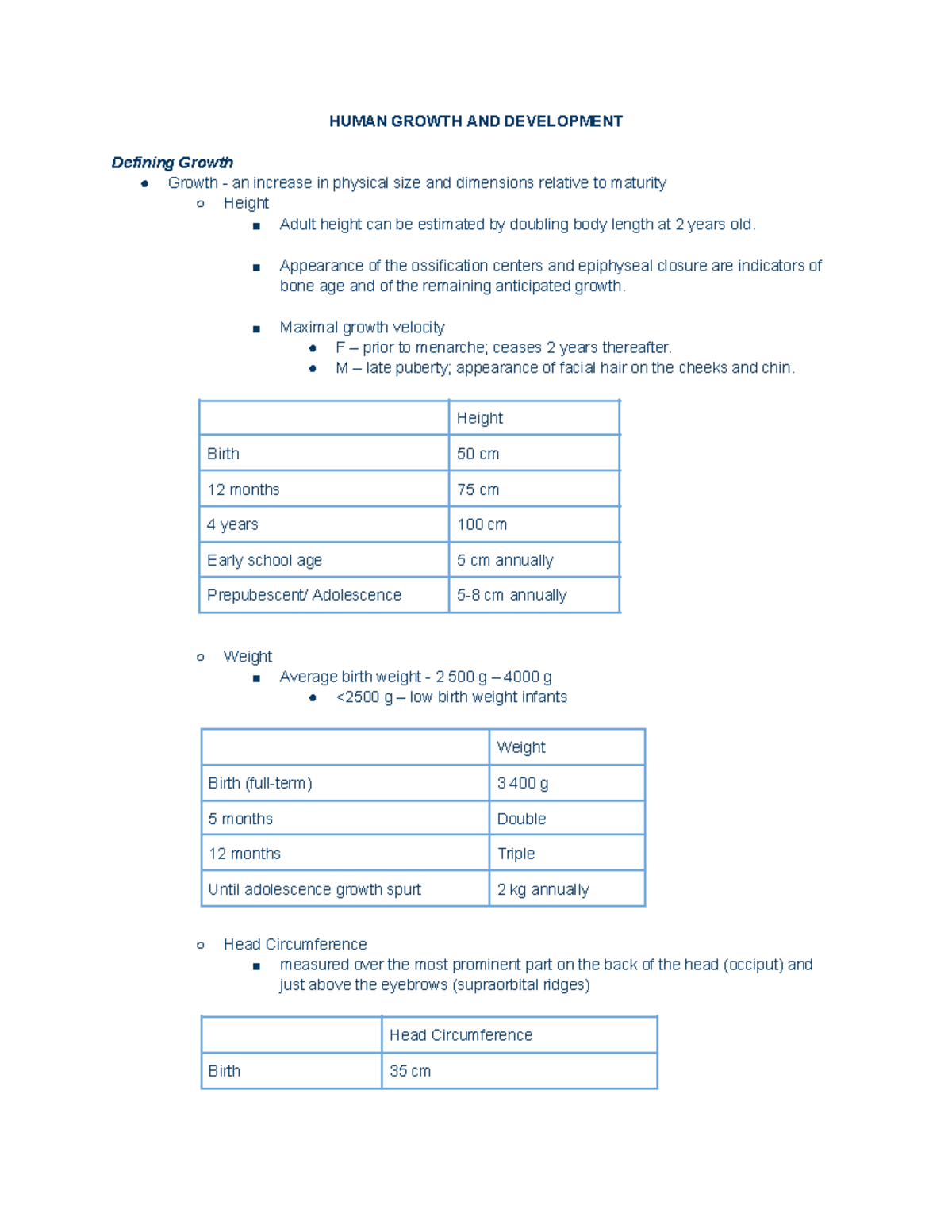 HGD notes - HUMAN GROWTH AND DEVELOPMENT Defining Growth Growth - an ...