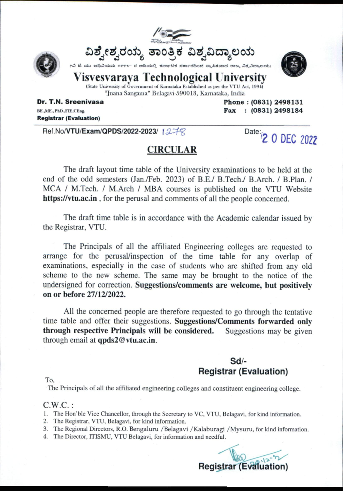 Draft Time Table Jan Feb2023 - computer science vtu - Studocu